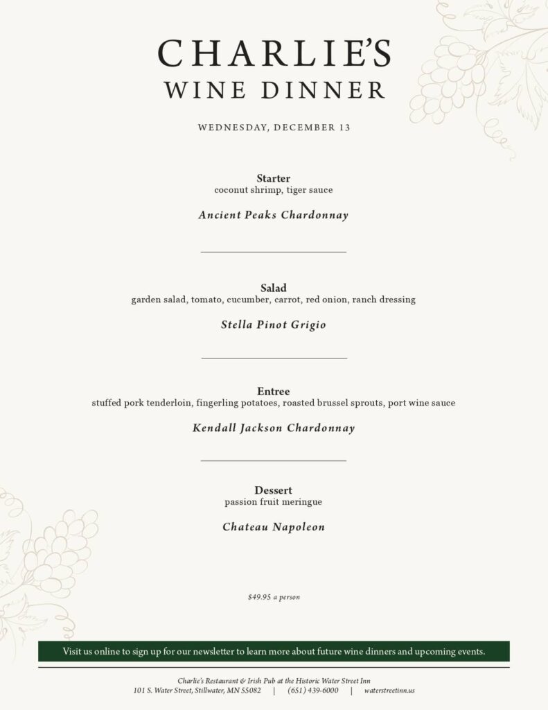 Wine Wednesday Dinner at Charlie’s Restaurant and Irish Pub | Water ...